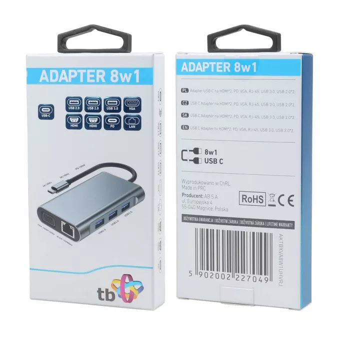 TB HUB Adapter USB C 8w1 HDMIx2 USB VGA RJ45 PD | Kakto.pl